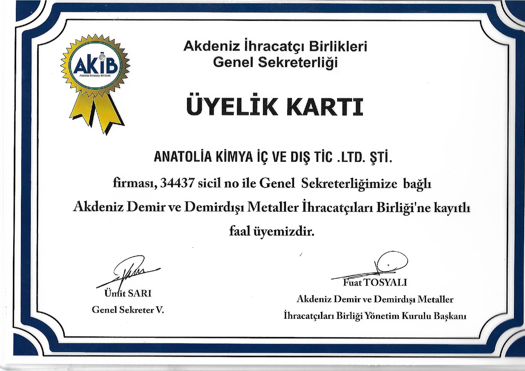 Sertifikalar - Kurumsal - Anatolia Kimya